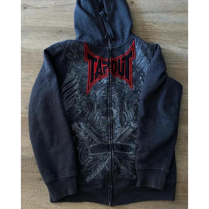 Retro Graphic Print Tapout Zipper Hoodie Y2K Sweatshirt Women Mens Hip ...