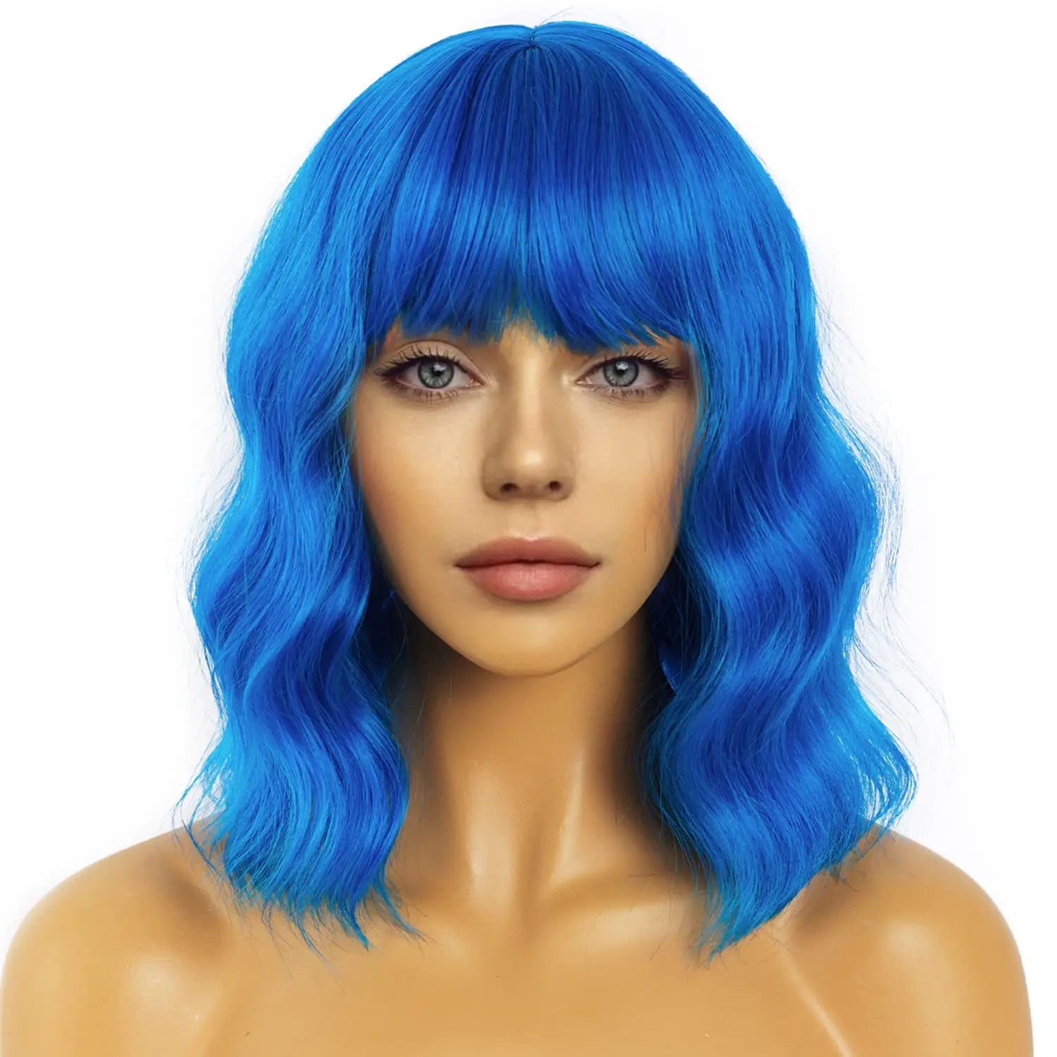 Short Bob Wavy Wig with Bangs for Women Loose Curly Length Synthetic ...