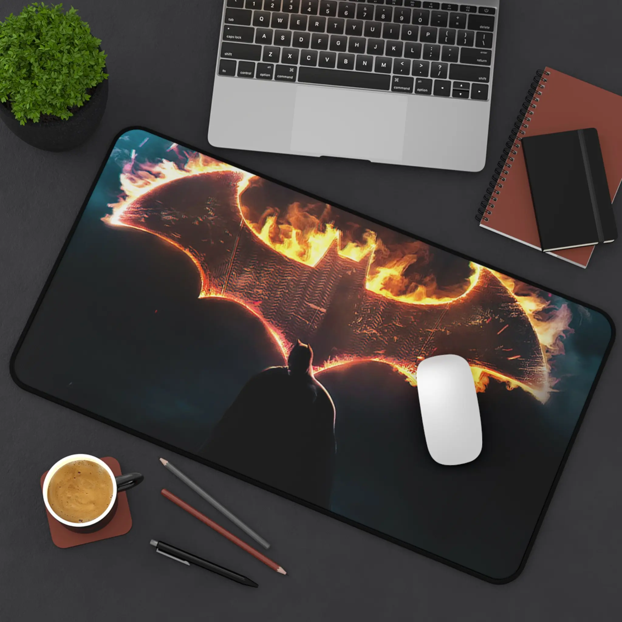 Flaming Bat Symbol Desk Mat | Dark Silhouette Gaming Mousepad - TikTok Shop