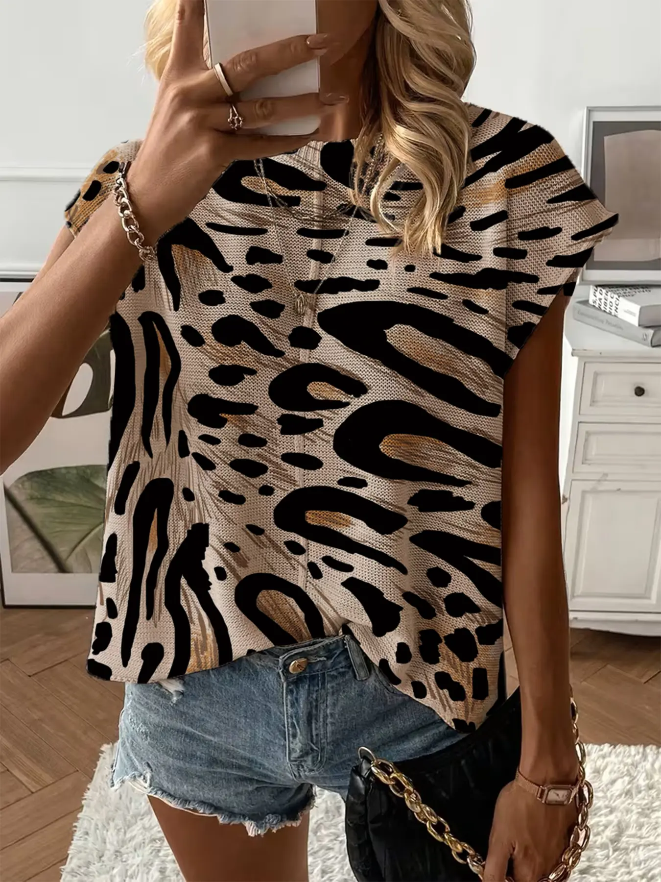 Spring Summer Women's Leopard Print Knit Top, Round Neck Shoulder ...