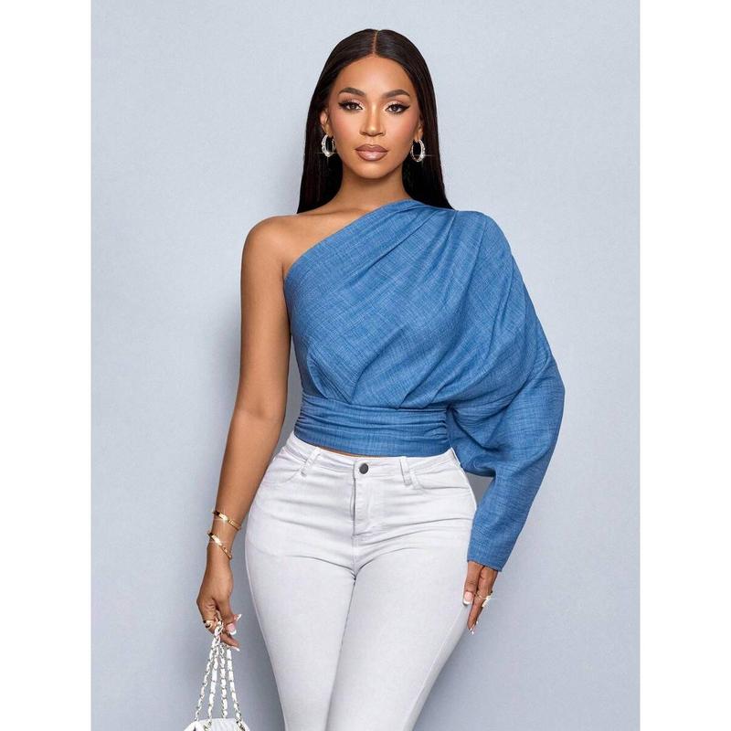 Women's Blue Color One Shoulder Pleated Long Sleeve Blouse,Solid Color ...