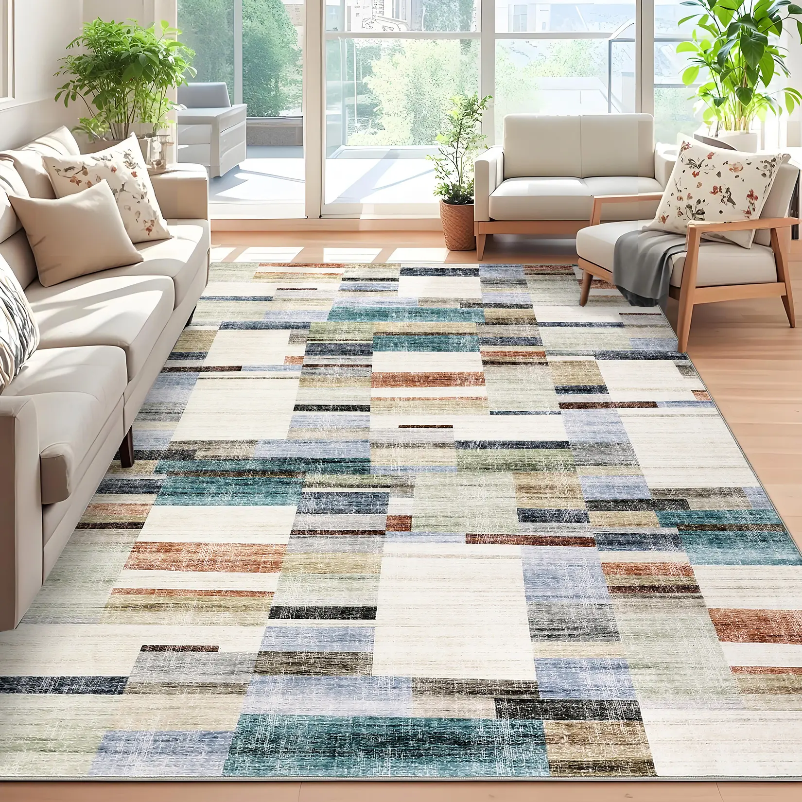 Washable Modern Geometric Living Room Rugs, Soft Non Slip Patchwork ...