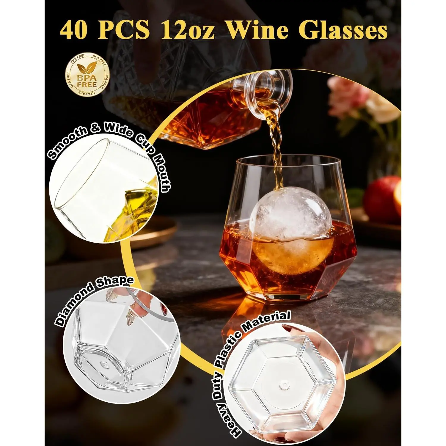 40 count Clear 12 Oz Plastic Glasses, Stemless Unbreakable Disposable ...