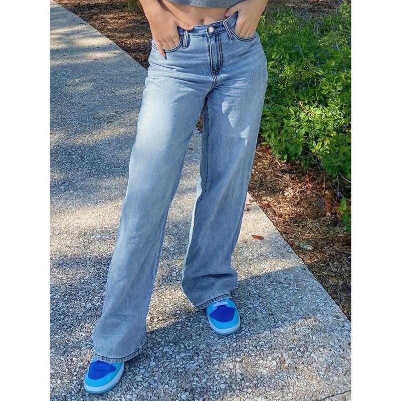Women's Straight Leg Denim Pants - Elegant Wide Leg Floor-Length Jeans ...