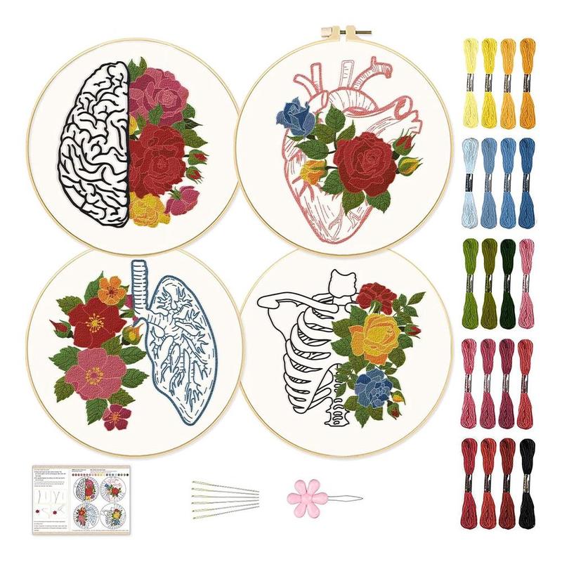 Heart & Flower Pattern Embroidery Kit, 4 Counts/set Embroidery Kit with ...