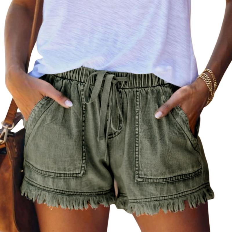 Women’s Washed Denim Shorts, Casual Drawstring Elastic Waist Frayed Hem ...