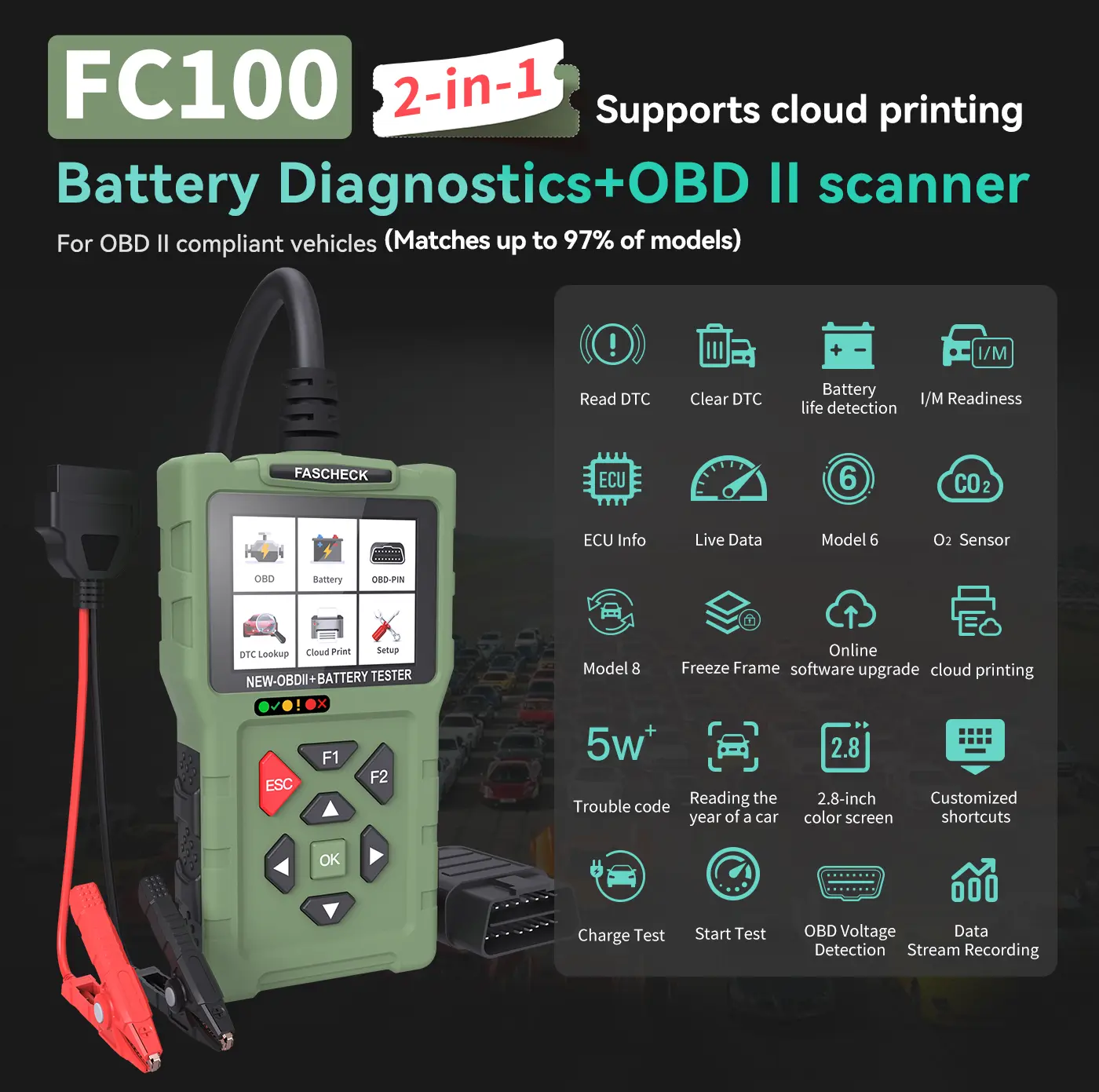 FASCHECK FC100 OBD II Scanner with Cloud Printing Battery Diagnostics ...
