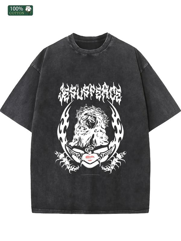 Cuore Sacro Men's washed cotton T-shirt, vintage pure cotton T-shirt ...