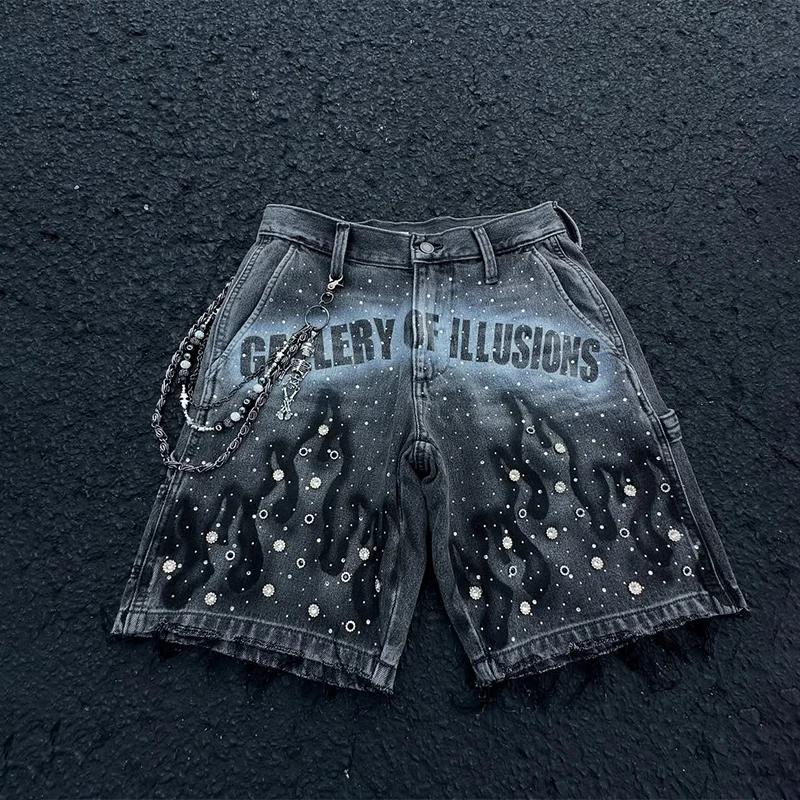 Fashion Distressed Jeans Retro Rhinestone Flame Pattern Printing Casual ...