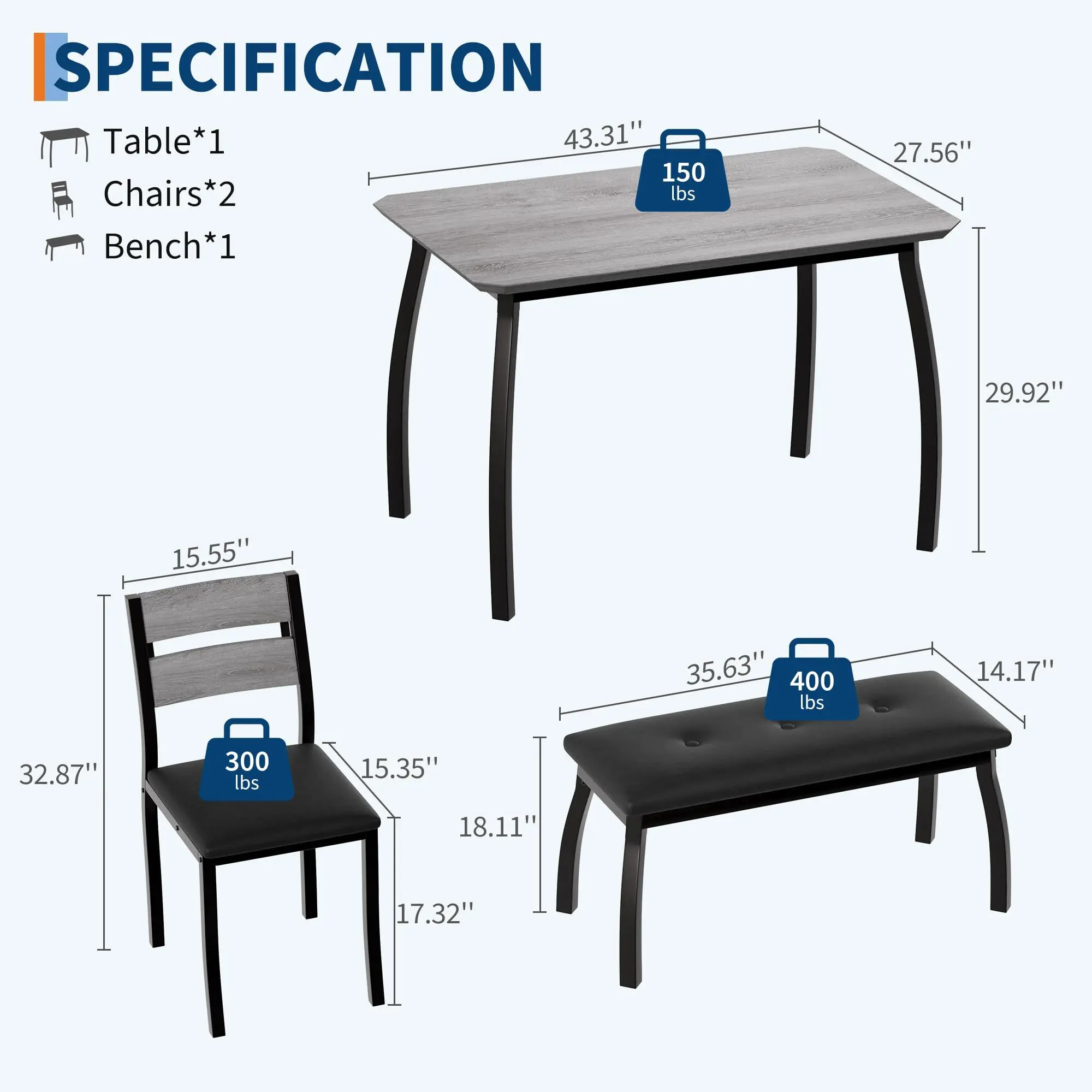 Gray 4-Pc Dining Set - Wood Space-Saving Table with Upholstered Bench ...
