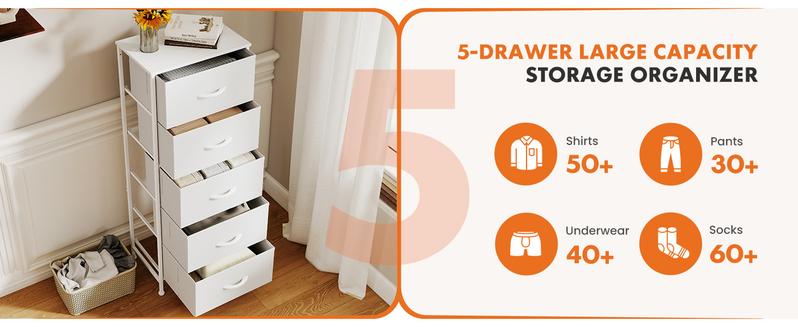 5 Drawer Dresser with Fabric Bins, Sturdy Steel Frame and Wood Top ...