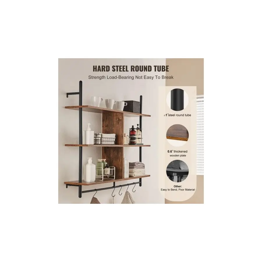 VEVOR Industrial Pipe Shelf, 3 Tier 41.5x9.84in, Wall-Mount Floating ...