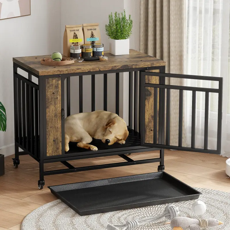 Vintage Wooden Dog Crate with Iron Door & Tray for Medium Small Dogs ...