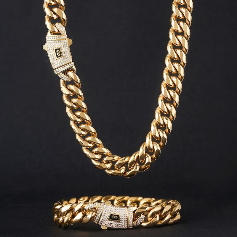 Sparkling Cuban Jewelry Set 14mm SOLID 14K Gold Miami Cuban Bracelet ...