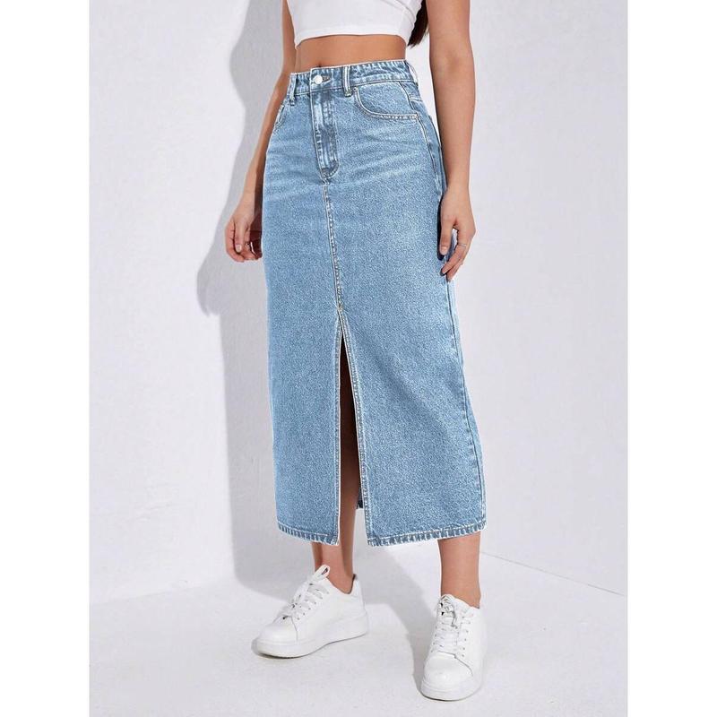 Women's Long Slit Hem Straight Denim Maxi Skirt With Pockets Womenswear ...