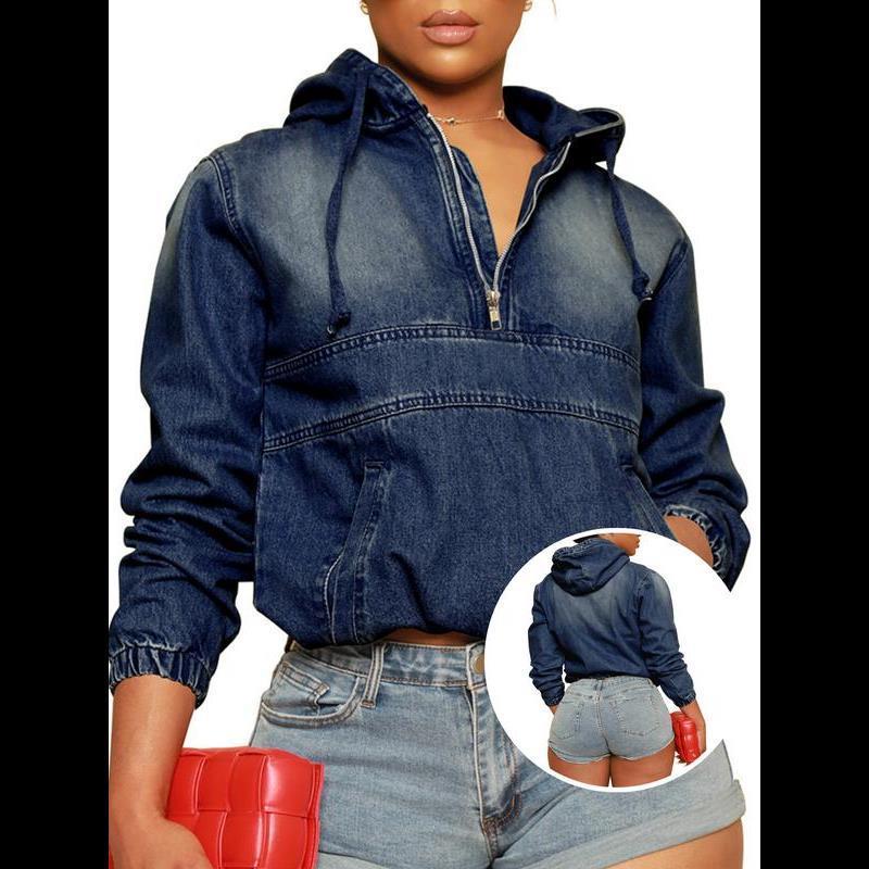 [S-3XL] Women's Half Zip Denim Hoodie Pullover Jacket Jean Tops Casual ...