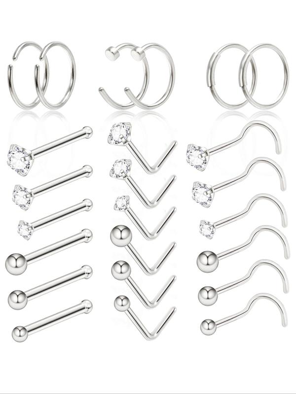 24pcs/set Funky Stainless Steel Rhinestones Decor Nose Ring, Nose Stud ...