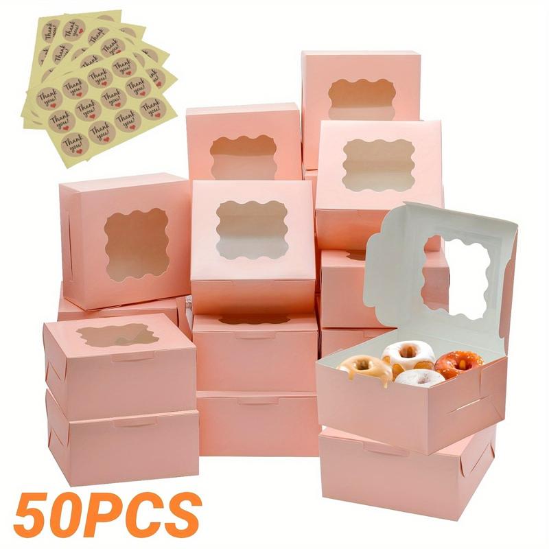 50 Pcs Bakepacker Pink Bakery Boxes with Window, Bring 5 Stickers ...