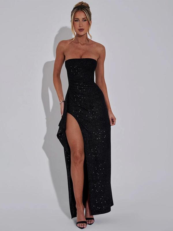Women's Glitter Backless Split Thigh Tube Dress, Elegant Strapless ...