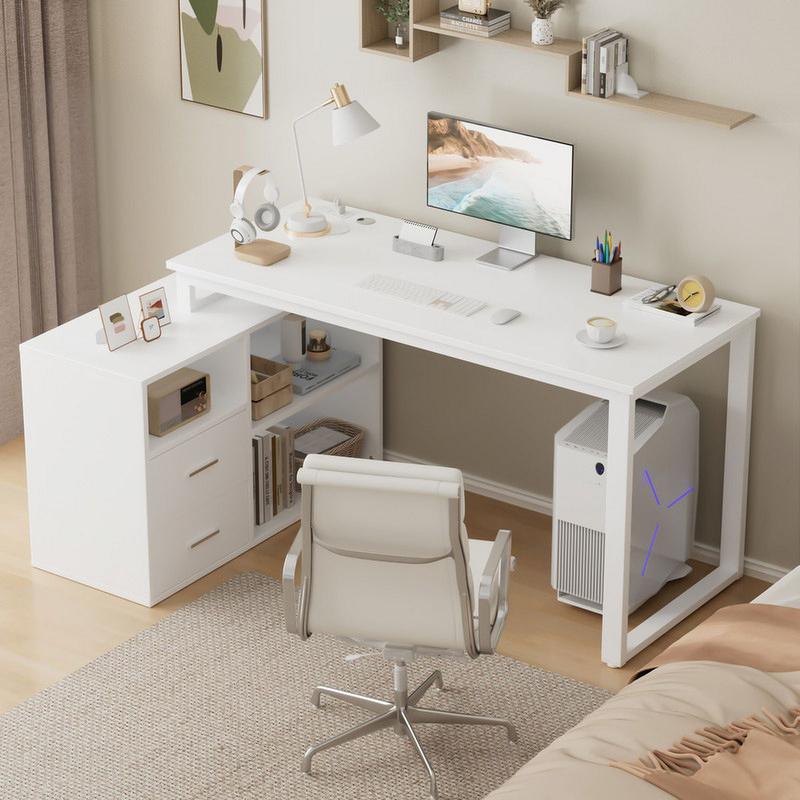 FURMAX 55 Inch L-Shaped Corner Computer Desk with File Cabinet, Power Outlet, Home Office Desk ...