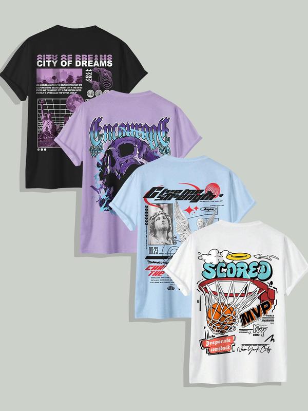 Men's Letter Cartoon Graphic Round Neck Tee, Fashion Regular - TikTok Shop