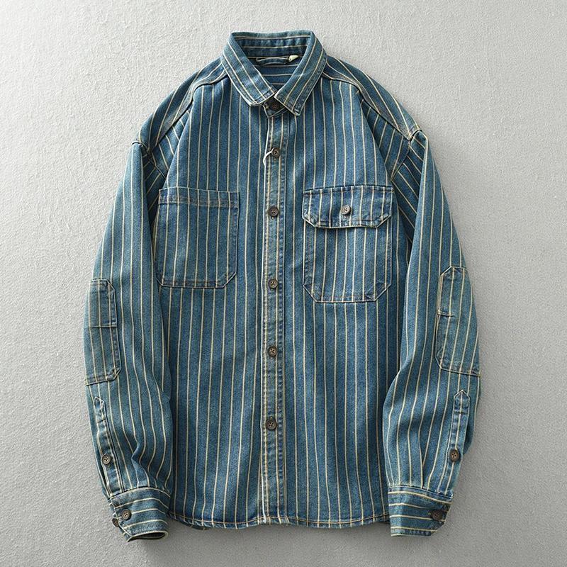 Heavy vintage washed vertical stripe denim shirt men's loose size ...