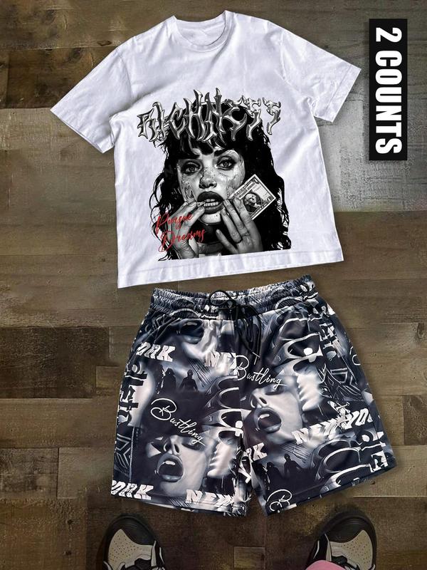 Men's Graphic Print Short Sleeve T-shirt & Shorts Two-piece Set ...